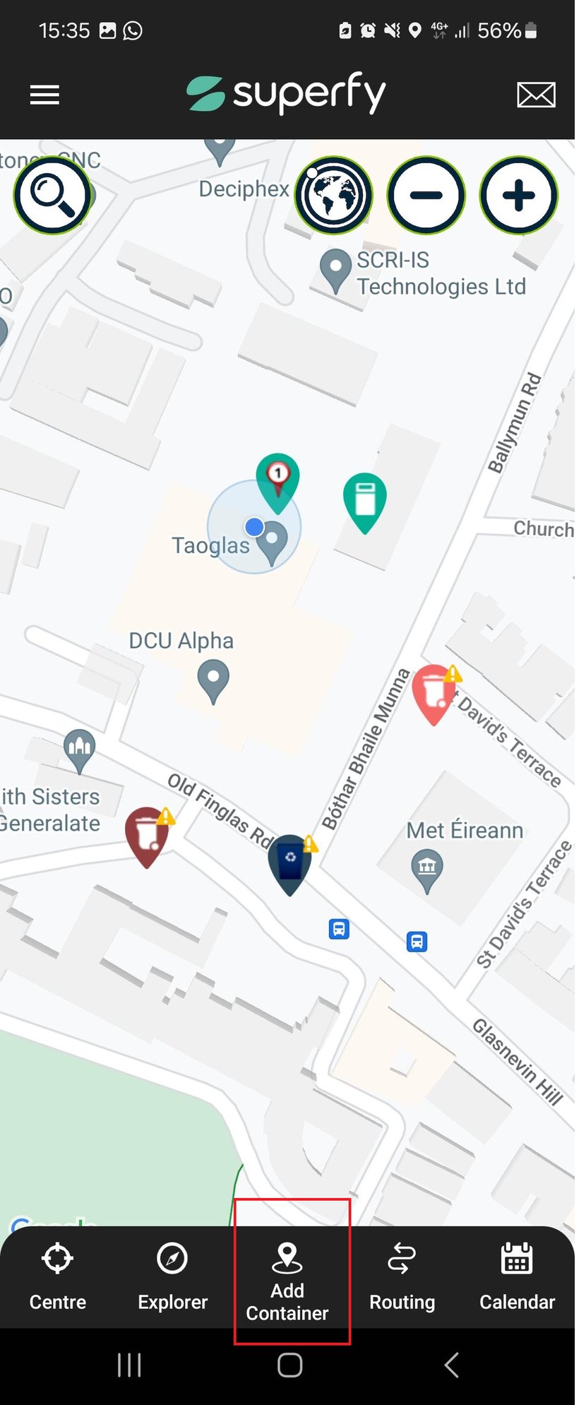 Add a Container to the Map Using the Superfy App